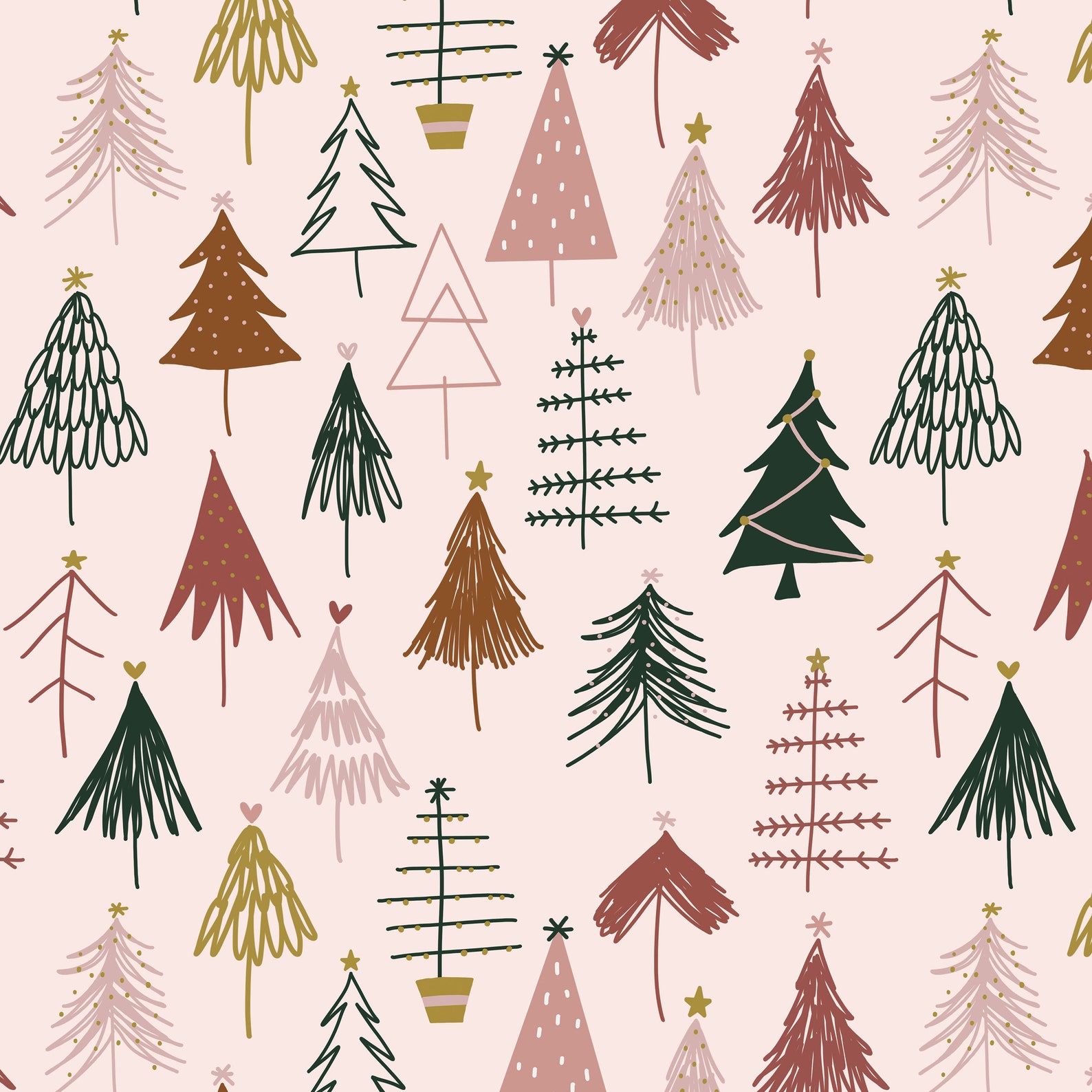 Boho Christmas Fabric Blush Christmas Trees, Bohemian, Holidays, Forest ...