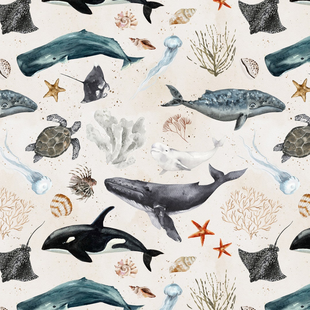 Ocean Animals Fabric by the Yard, Gender Neutral Nursery, Whales ...