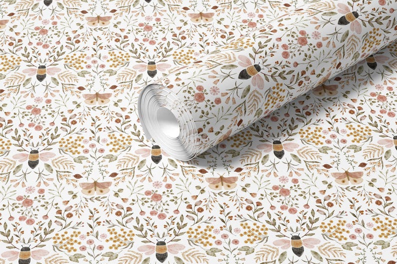 Dainty Bee and Butterfly Wallpaper, Garden Botanical - Peel and Stick ...
