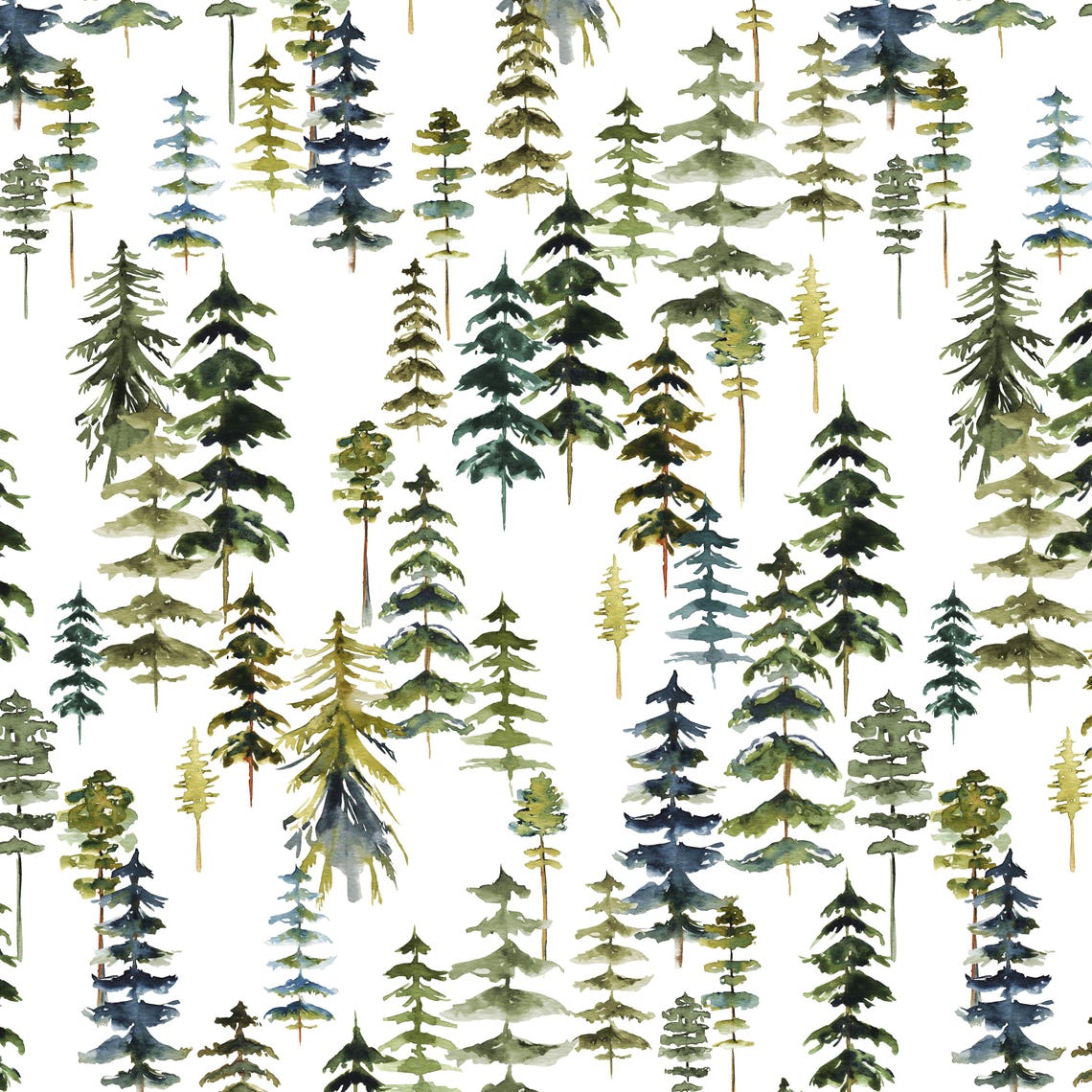 Woodland Trees Fabric, Watercolor Forest Tree, Woods, Cotton Fabric by ...