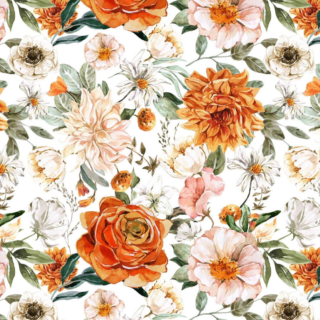 Vintage Garden Floral Fabric Orange Botanical Flowers, Anemone, Dahlia ...