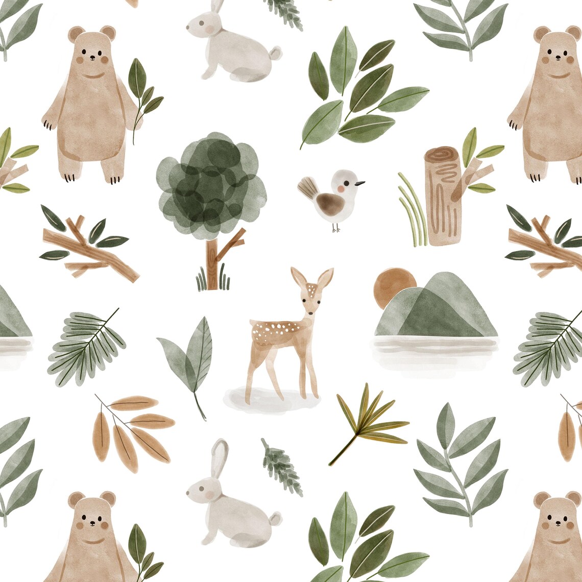 Gender Neutral Woodland Fabric, Forest Animals, Mountains, Nature ...