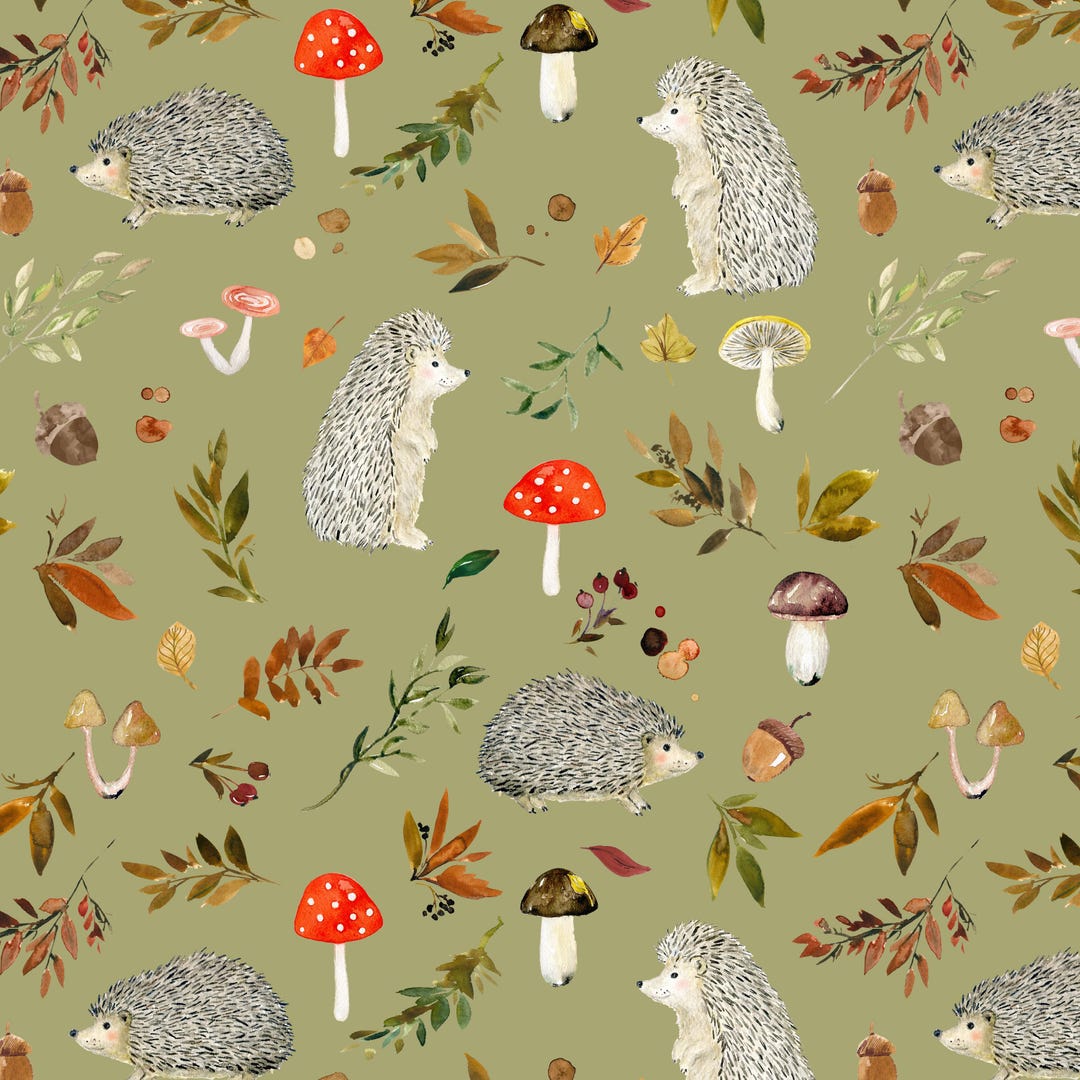 Hedgehog and Fall Foliage Leaves Fabric, Animal Print, Autumn, Woodland ...