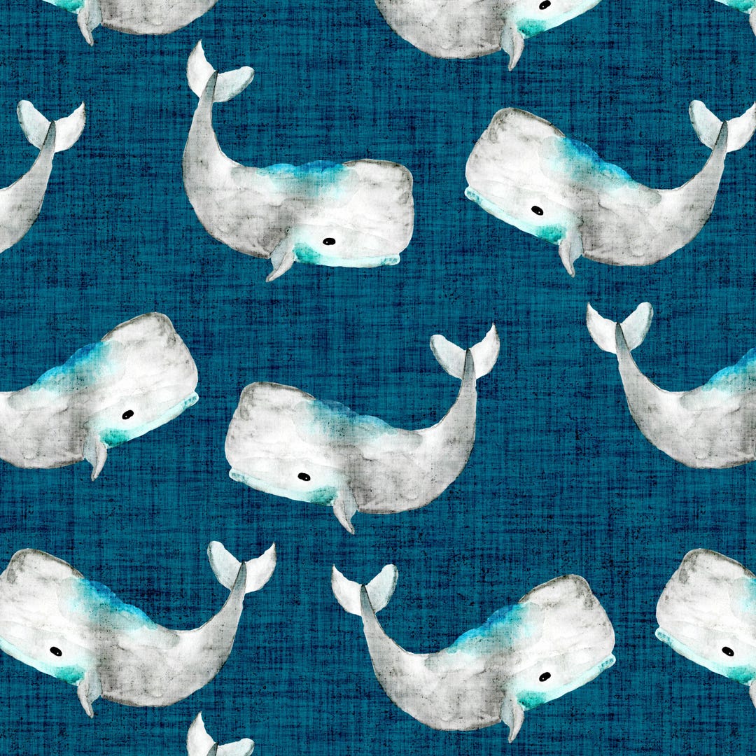 Watercolor Whales Fabric by the Yard, Ocean Animals, Nautical - Kona ...