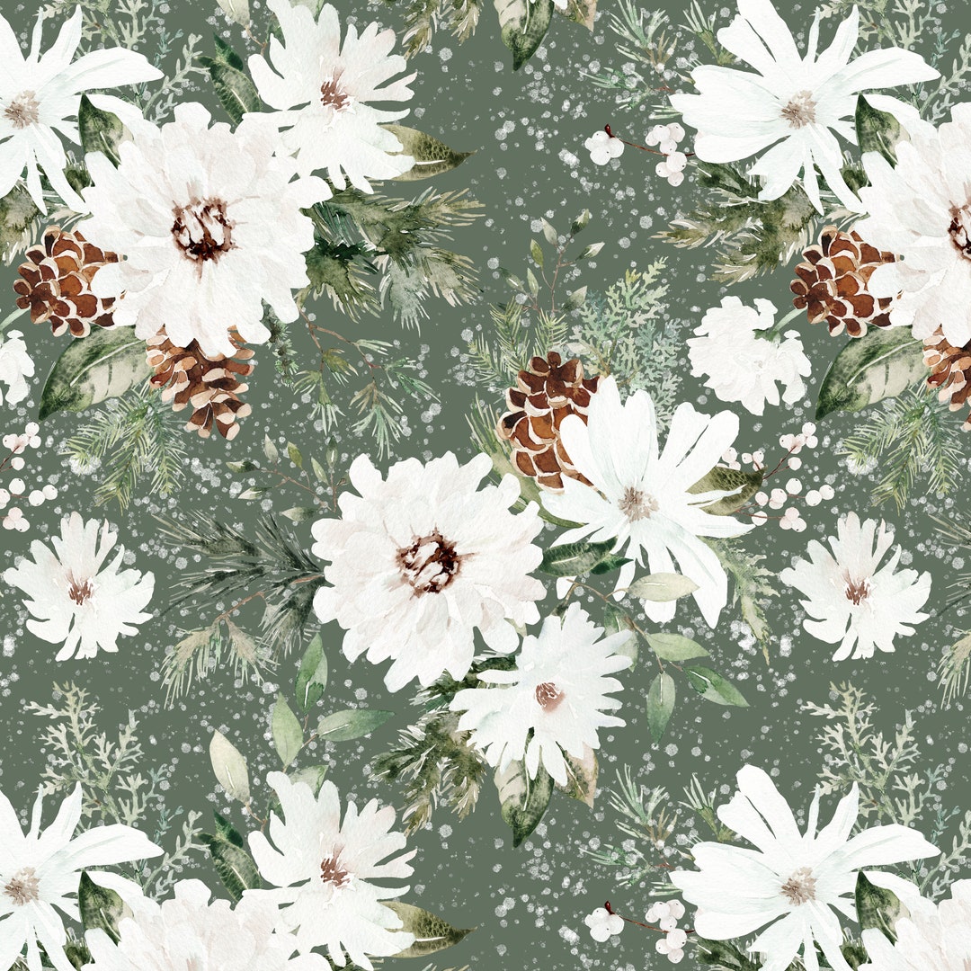 Snow Forest Floral Fabric, Christmas Fabric, Holidays, Winter, Cotton ...