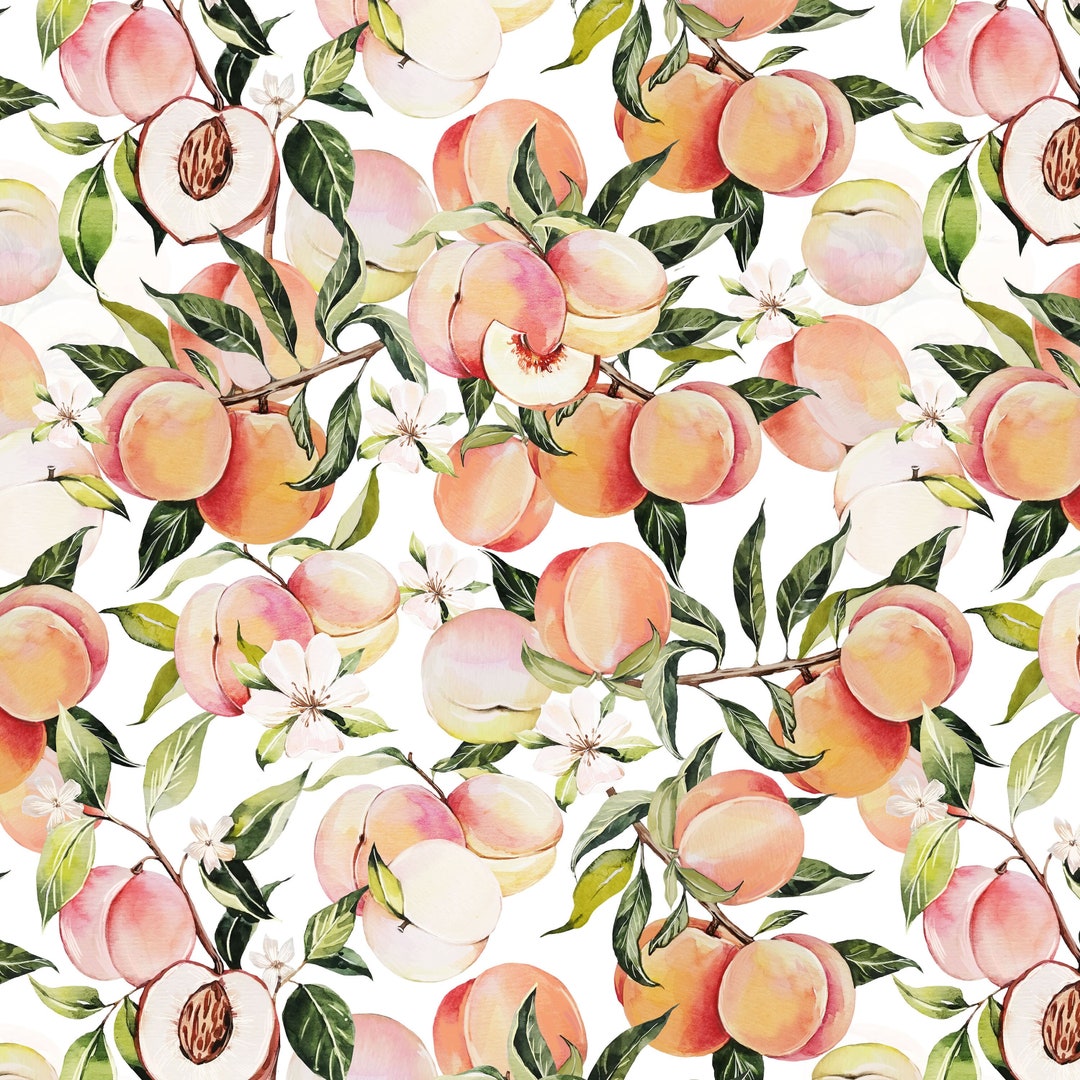 Peach Fruit Fabric, Watercolor Peaches Orchard, Botanical, Cotton ...