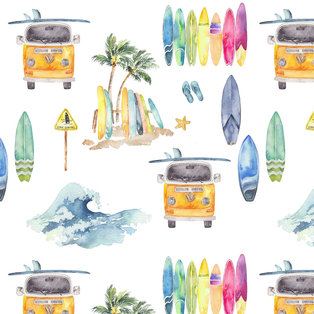 Surf Beach Fabric, Surfing, Ocean, Summer, Quilting Cotton, Sateen ...
