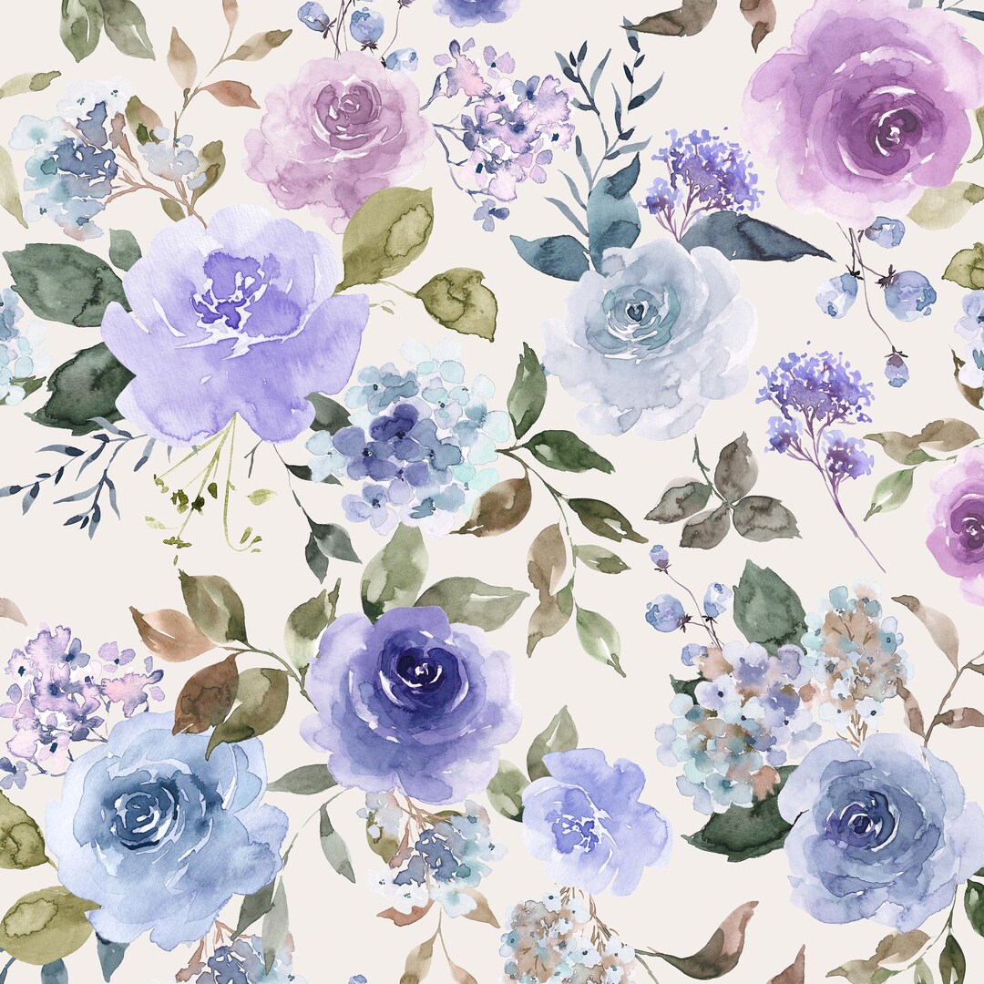 Lavender Floral Fabric, Purple Watercolor Flowers, Hydrangea, Garden ...