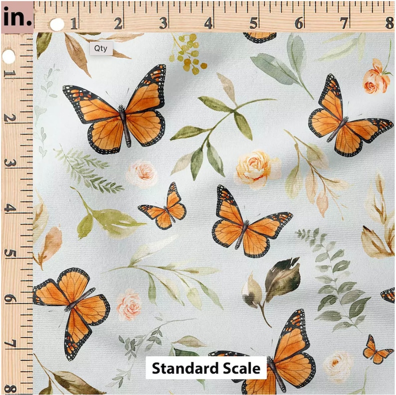 Monarch Butterfly and Floral Fabric - Watercolor Butterflies and Leaves ...
