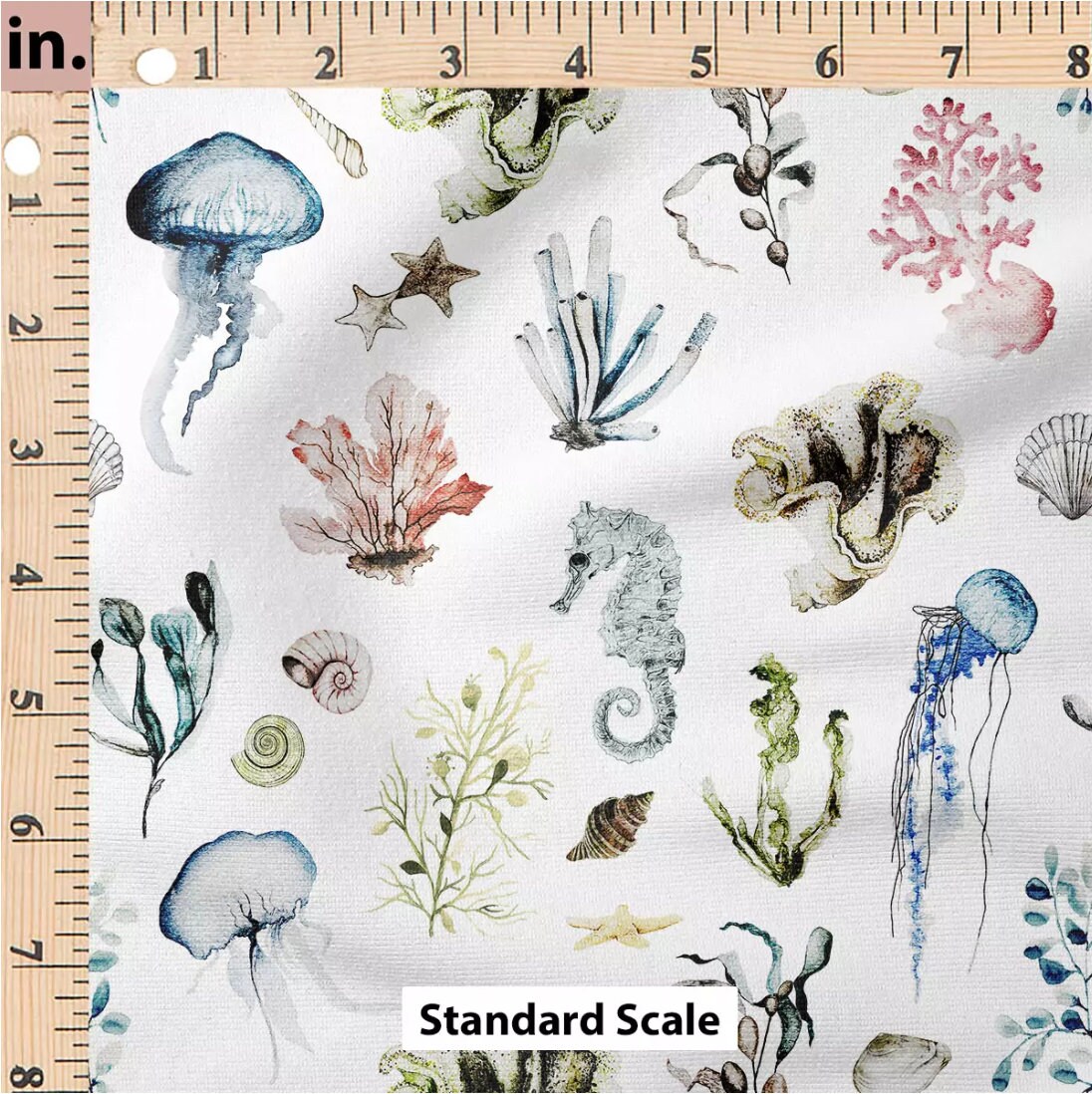 Jellyfish Fabric, Oceana, Sea Life Creatures, Coral, Nautical, Cotton ...