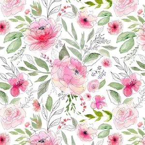 Pink Floral and Greenery Fabric, Sketch Flowers and Leaves, Kona Cotton ...