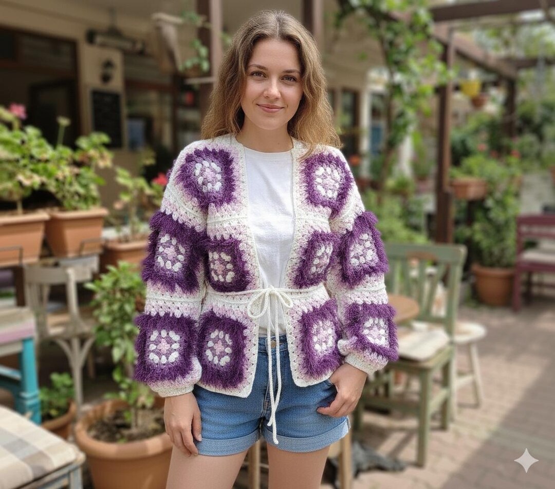 Handmade Furry Yarn Granny Square Cardigan, Crochet Patchwork Boho ...