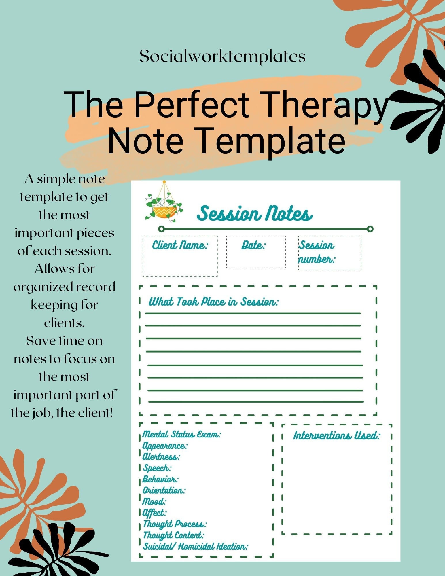 Psychotherapy Session Note Template to Print- Plant Theme - Etsy