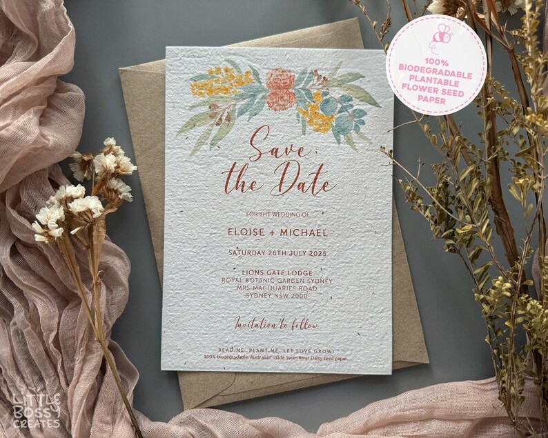 Plantable Seed Paper Save the Date: Australian Wildflower Wedding ...