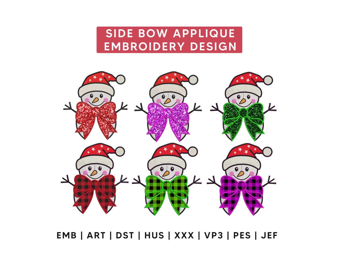 Snowman Side Bow Applique Embroidery Design, Bow Christmas Embroidery ...