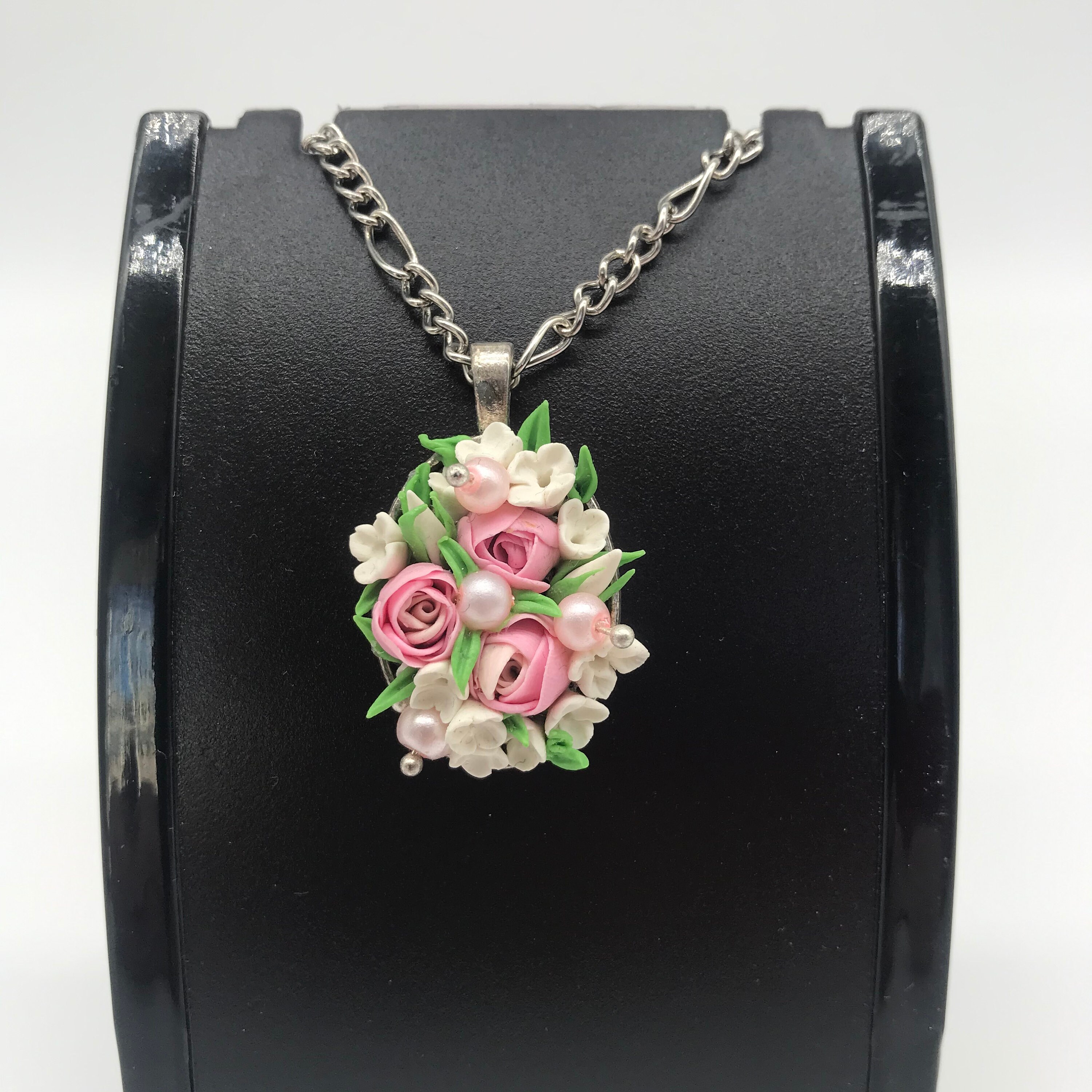 Statement 3D Polymer Pink Rose Necklace With Pearl Detailing - Etsy