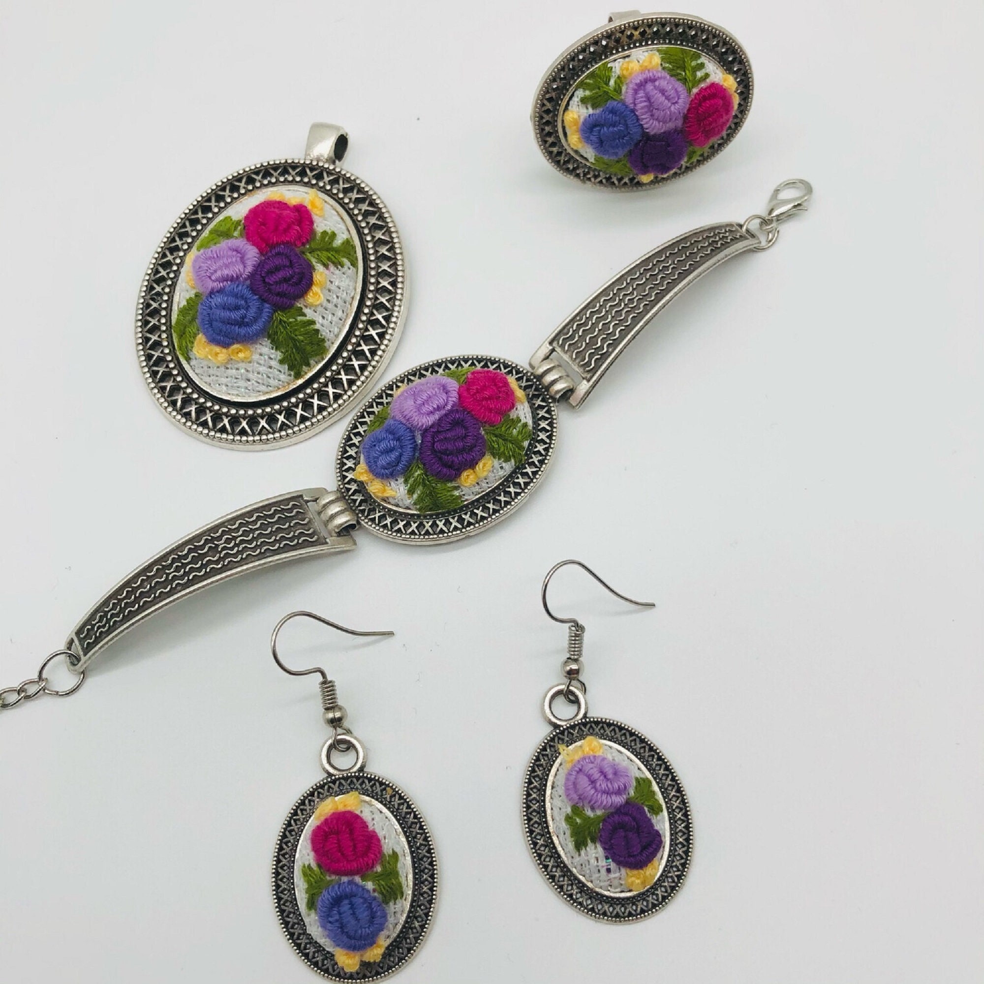Midnight Floral Handmade Embroidery Jewellery Set - Blue, Pink & Purple ...