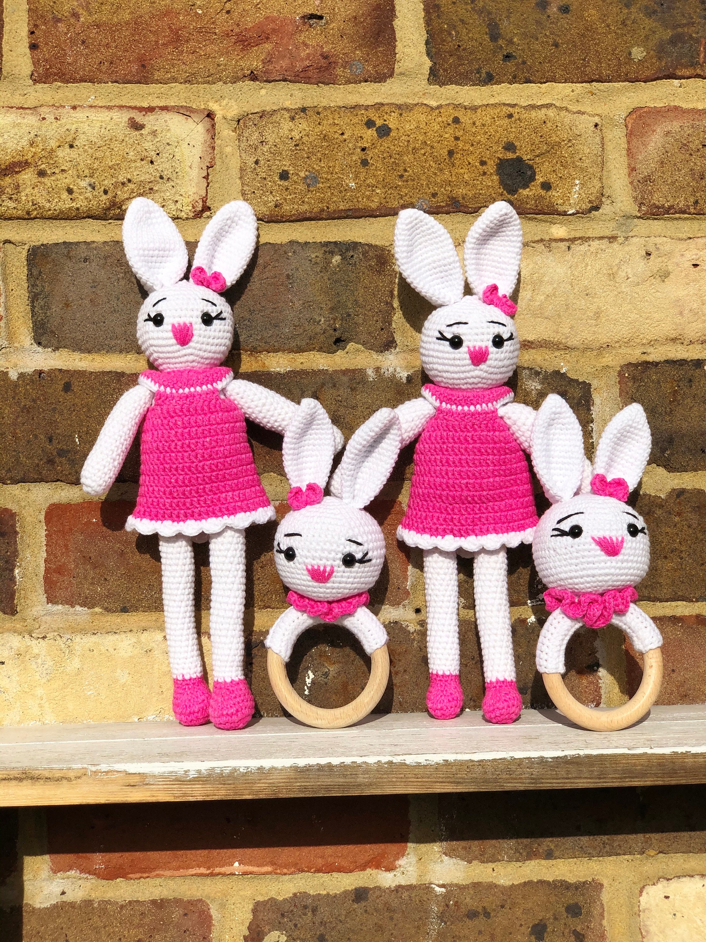 Crochet Pink Bunny Toy Set 30cm Doll & Rattle Baby Set Crochet Bunny ...