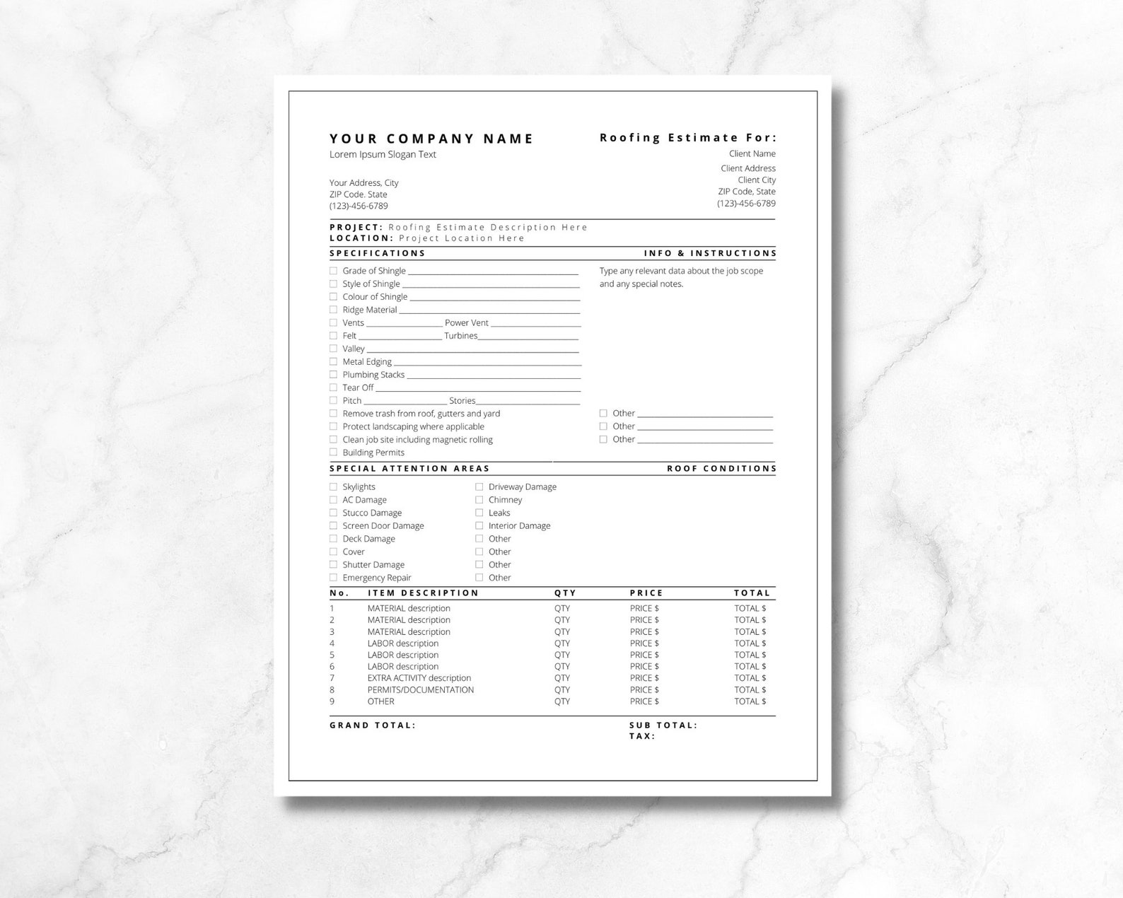 Roofing Proposal Template, Roofing Estimation Form, Roofing Job ...