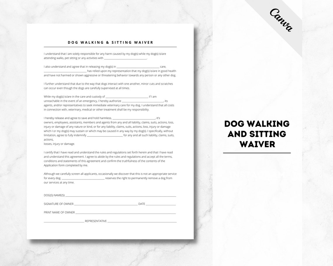 Pet Sitting Waiver Form, Pet Sitting Release Form, Dog Walking and Pet ...