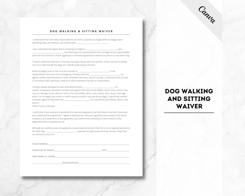 Pet Sitting Waiver Form, Pet Sitting Release Form, Dog Walking and Pet ...