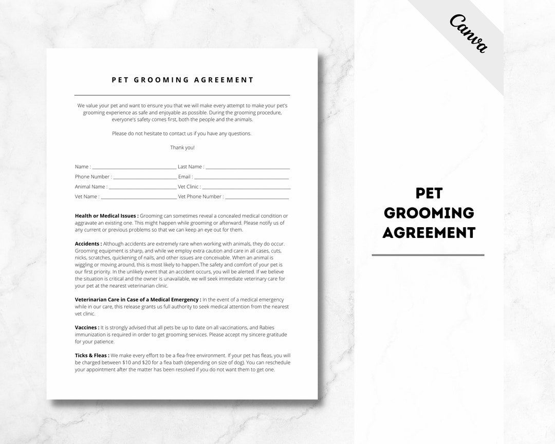 Pet Client Grooming Agreement, Dog Salon Contract, Cat Grooming ...