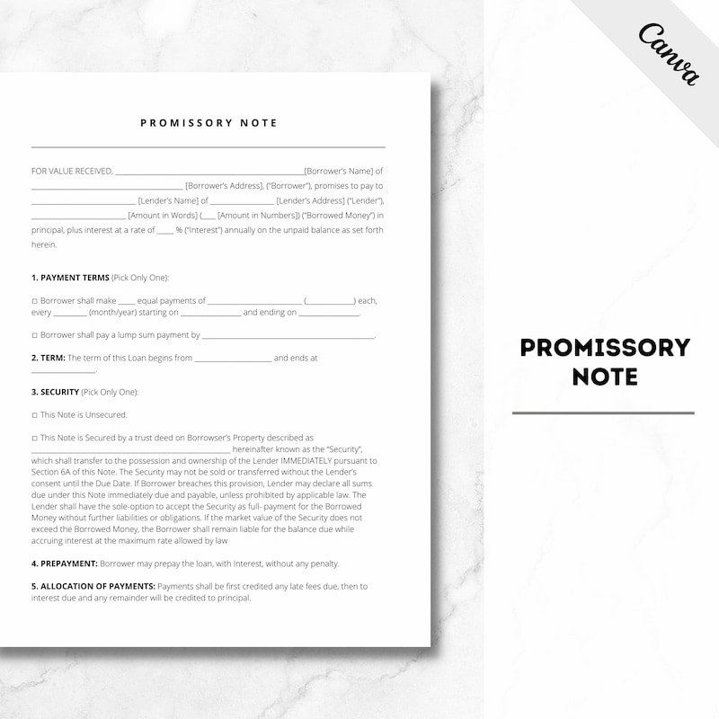 Promissory Note Template - Etsy