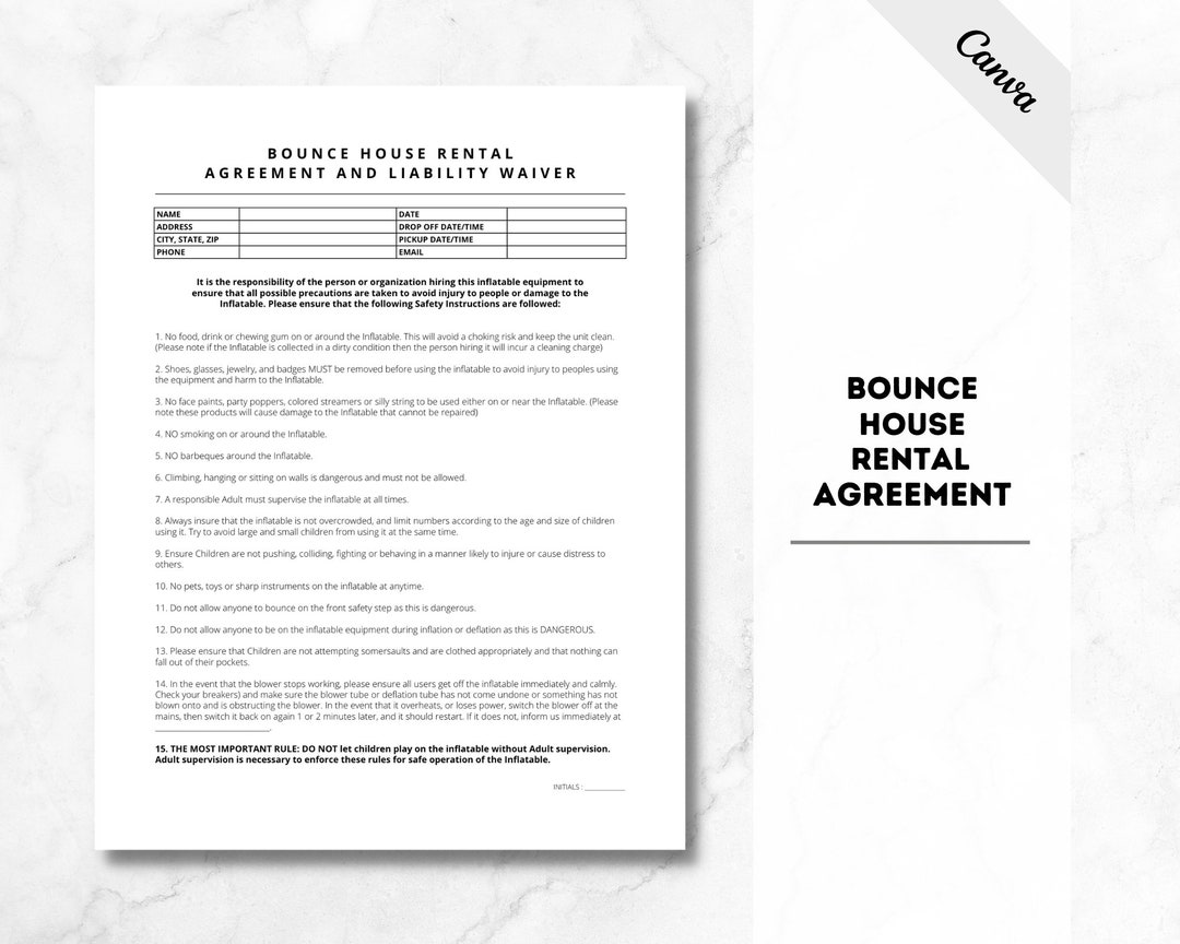 Bounce House Rental Agreement Inflatable Rental Contract Agreement PDF Files Instant Download