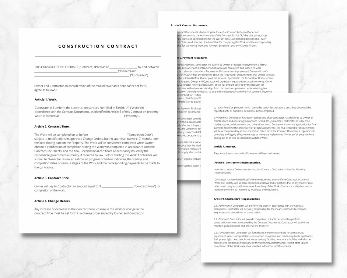 Construction Contract, Construction Template, Handyman, Contract Template, Contractor Agreement ...