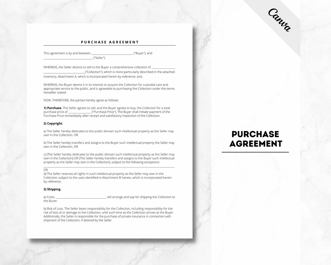 Purchase Agreement, Purchase Contract, PDF Files, Instant Download ...