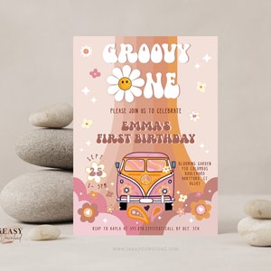 EDITABLE First Birthday Groovy One Party Invitations Daisy Smiley Face ...