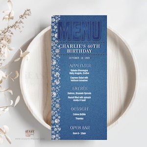 Denim and Diamond Birthday Party Menu Template, Denim and White Menu ...