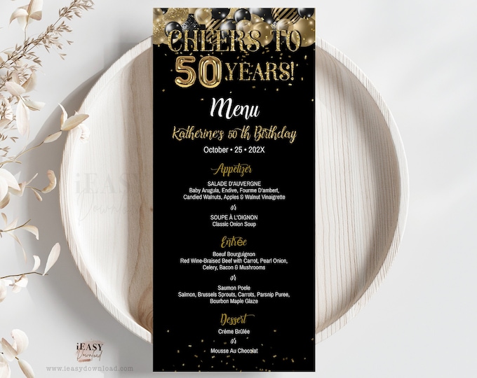 Editable Any Age Luxury Black Gold Birthday Dinner Menu, Glitter Table ...