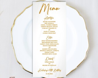 Editable Menu Card Template, All White Affair Gold Theme Party, Modern ...