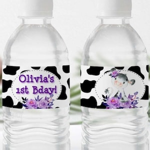 Editable Water Bottle Labels Cow Purple Farm 1st Birthday Theme ...