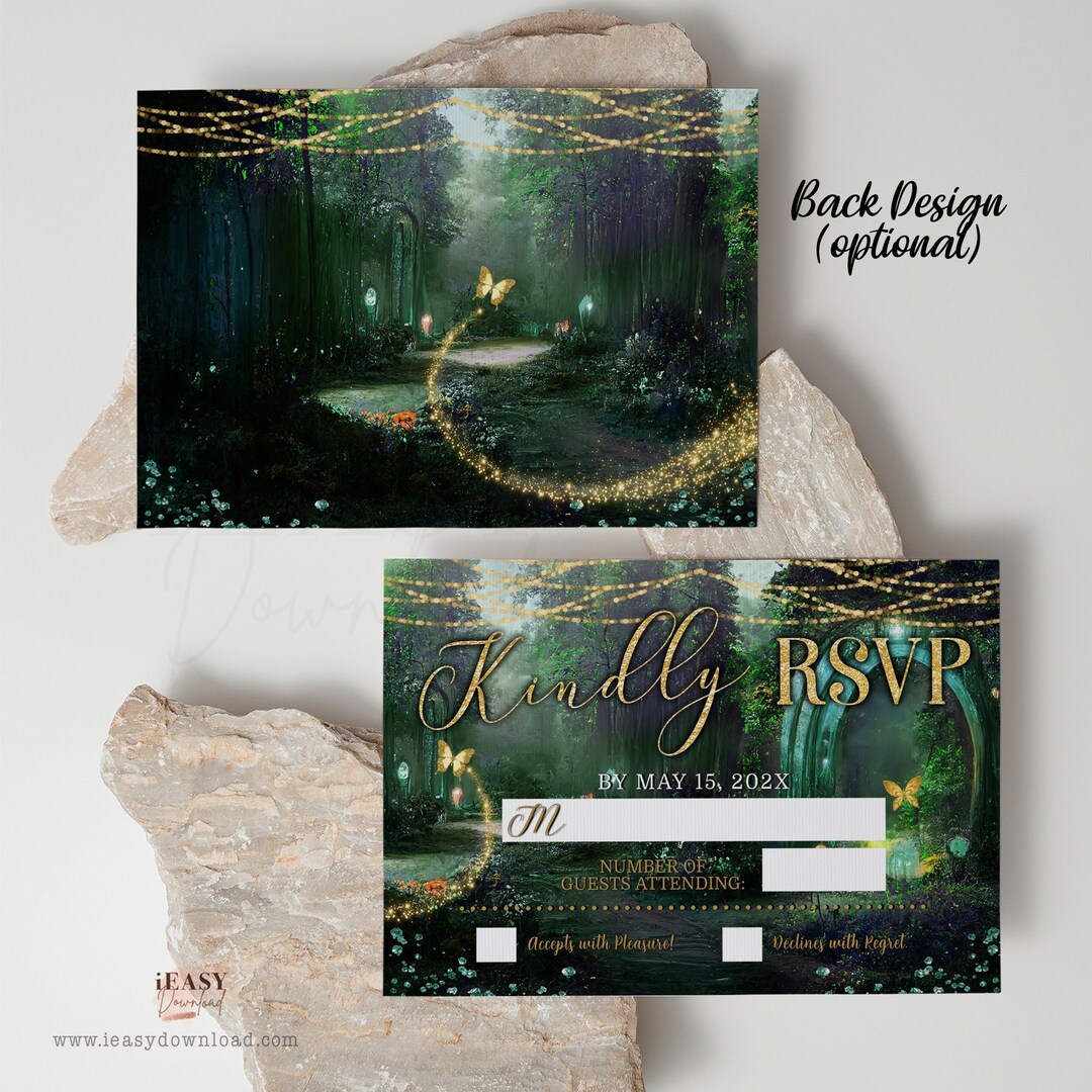 Editable RSVP Cards, Enchanted Forest Emerald Green Quinceañera Respond ...