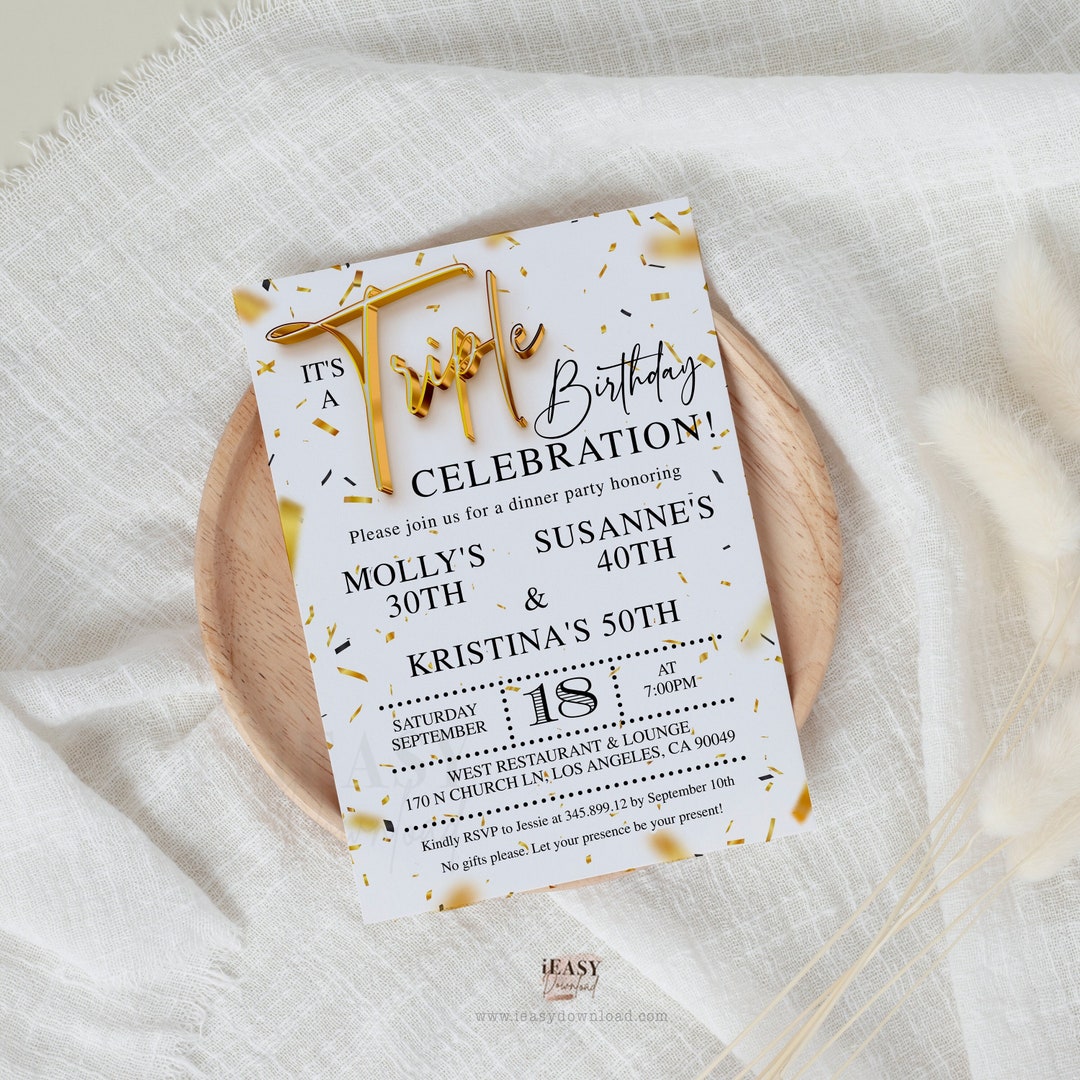 Editable Triple Birthday Party Celebration Invitation, Gold Confetti ...