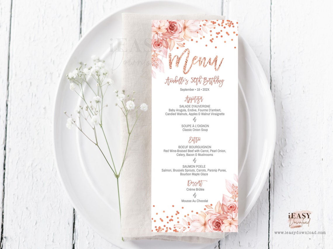 Pink Floral Menu Card Template: Rose Gold Confetti (printable Corjl) - Etsy