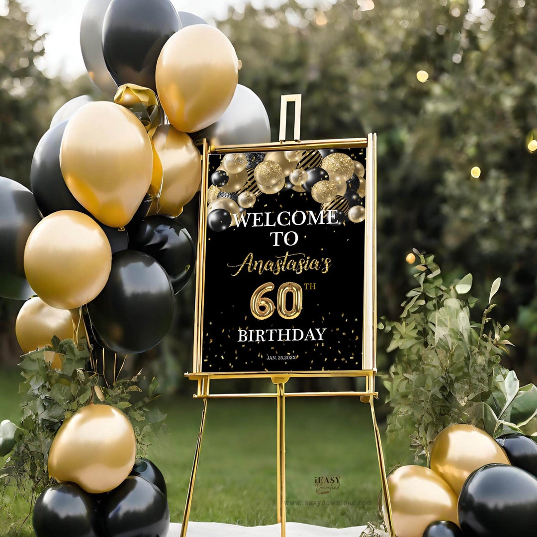 60th Birthday Welcome Sign Black and Gold Balloons Welcome Sign ...