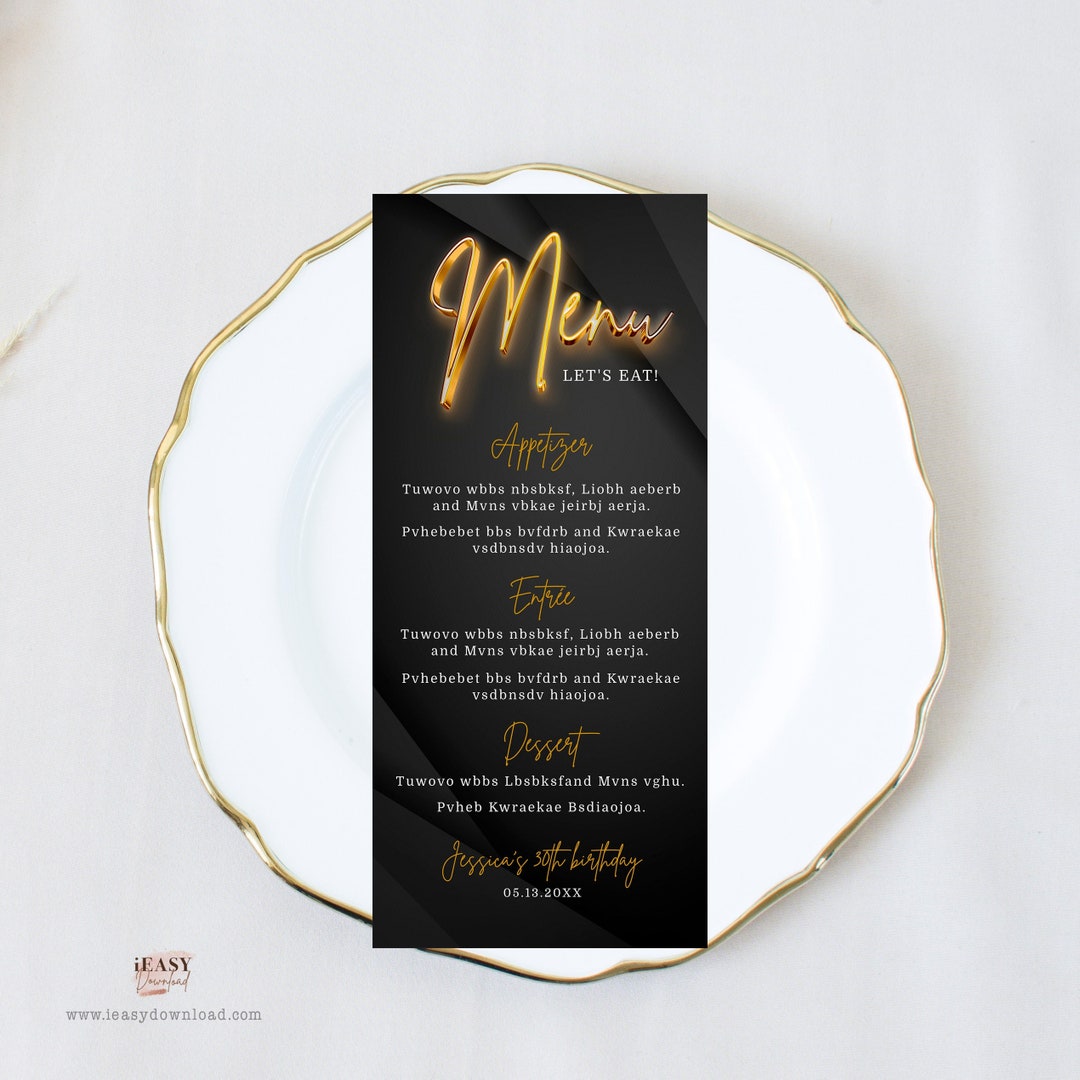 Editable Menu Card Template, Black and Gold Theme Party, Modern Black ...