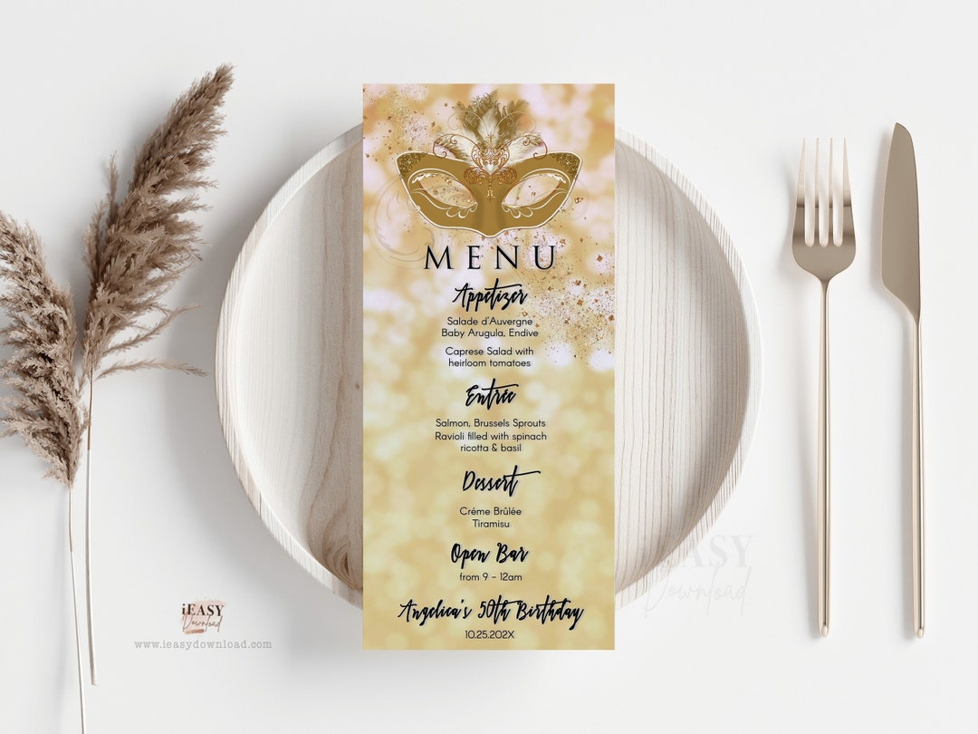 Editable Menu Card Template Gold Masquerade, 50th Birthday Gold Mask ...