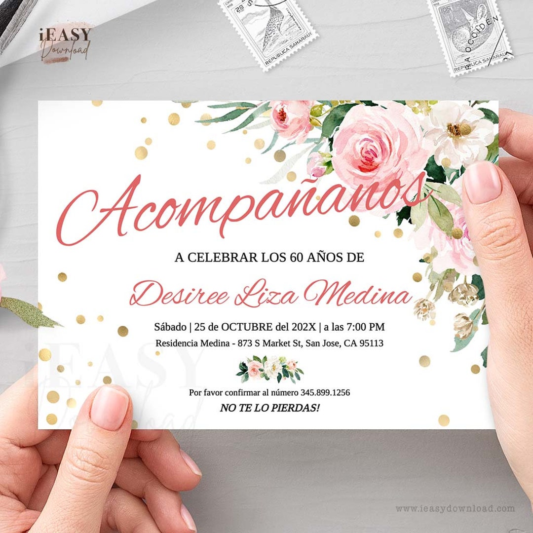 Pink Roses Spanish 60th Birthday Invitation Template (Digital Download ...