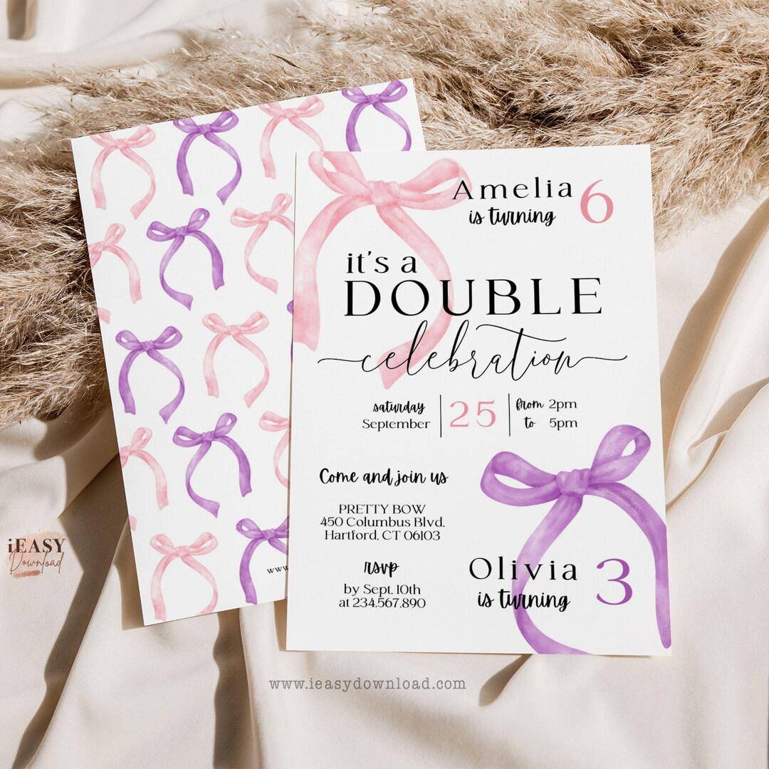 Editable Bow Birthday Party Double Birthday Celebration Coquette Party ...