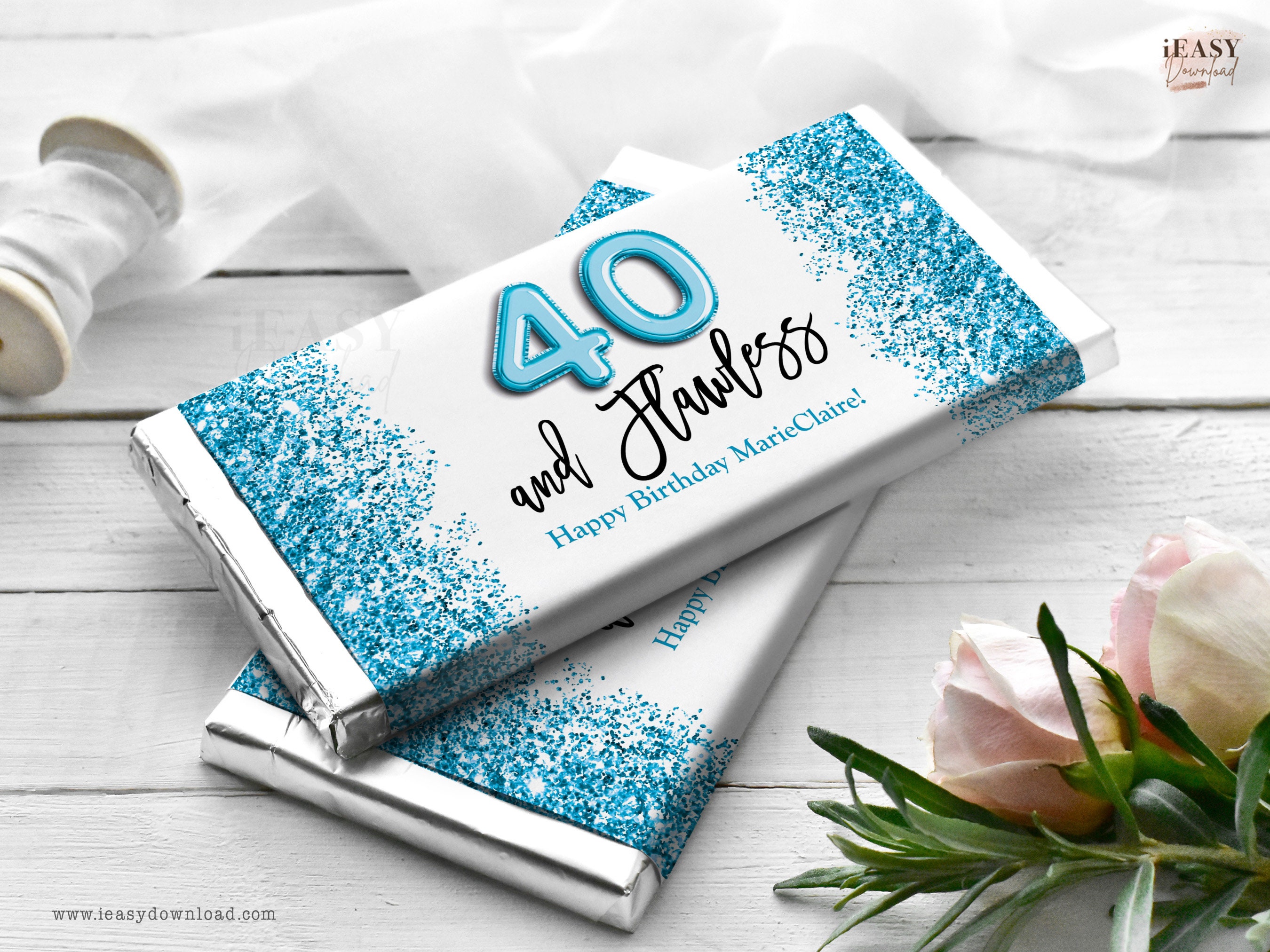 Blue Turquoise 40th Birthday Chocolate Wrapper: Corjl Template (digital ...