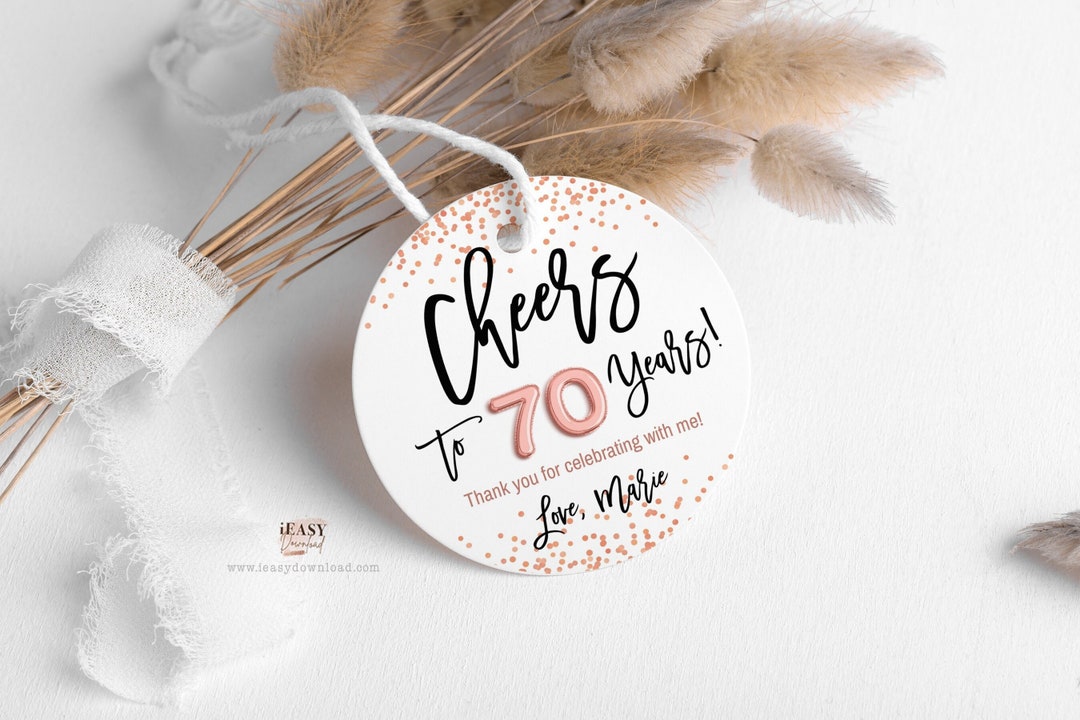 70th Birthday Gift Tags, EDITABLE Rose Gold Confetti, Cheers to 70 ...