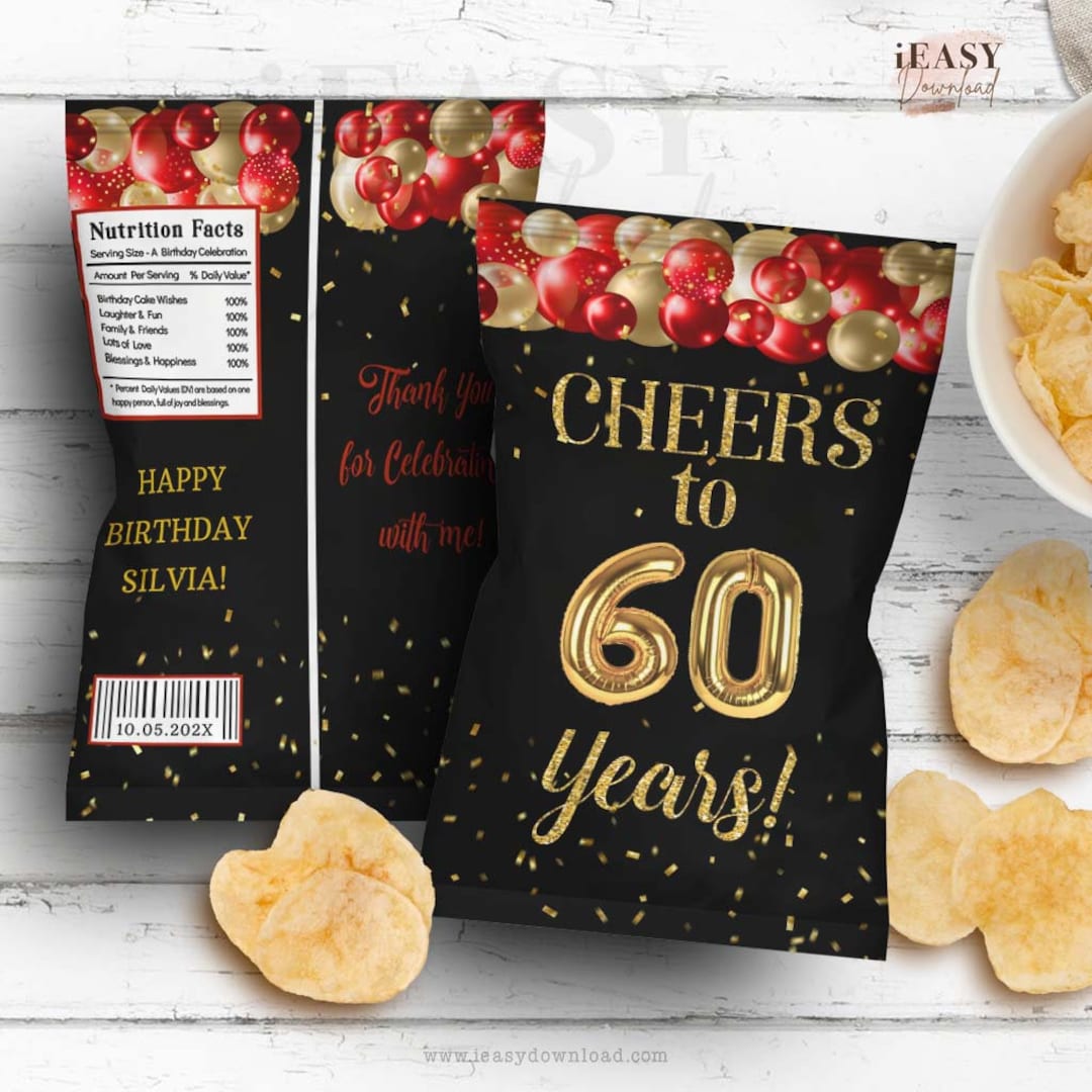 60th Birthday Chip Bag, Gold Red Balloons, Adult Birthday Chip Bag ...
