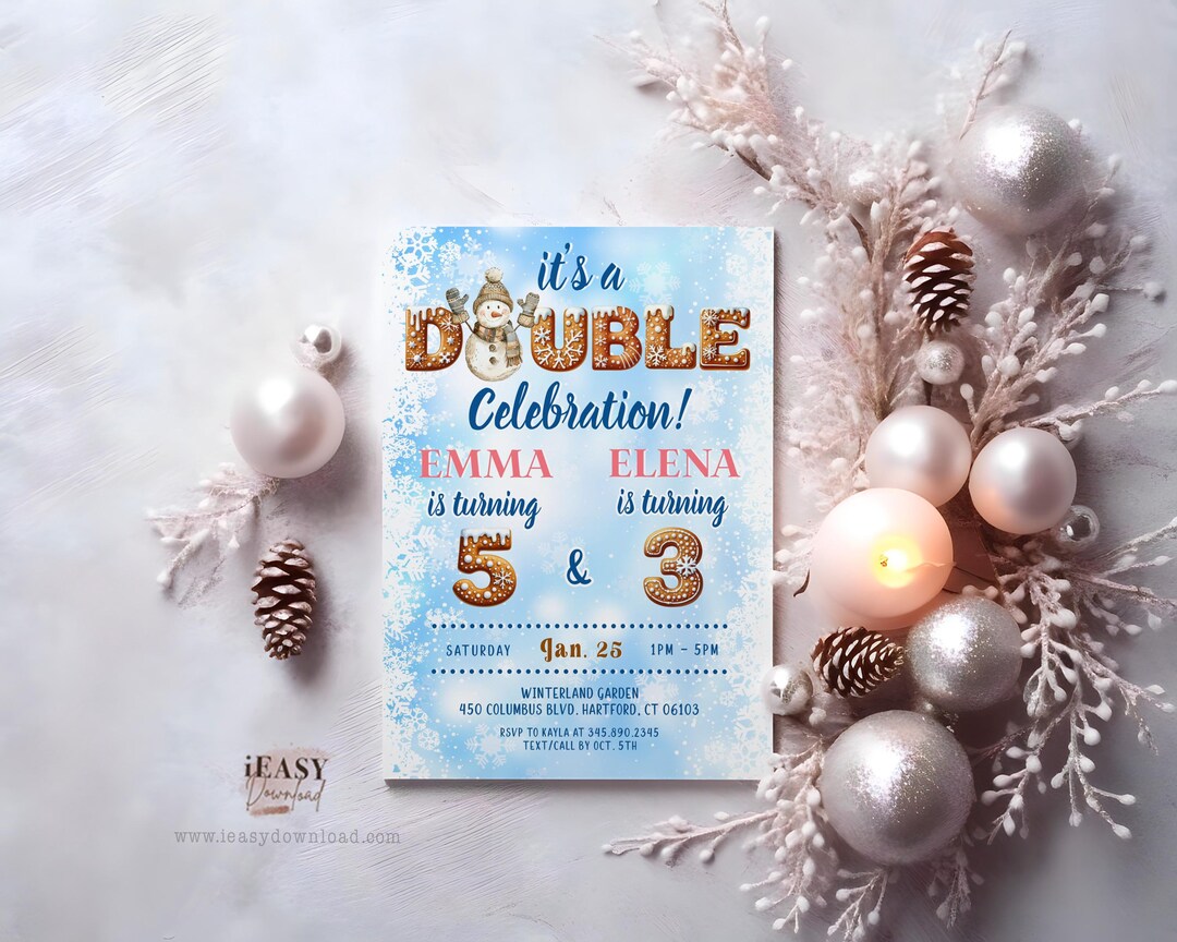 Snowflake Sibling Birthday Invitation, Snowman, Joint Party (editable ...