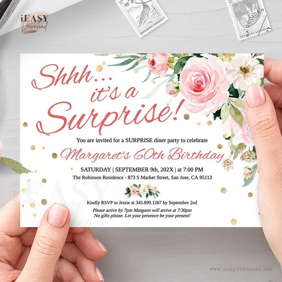 Floral Pink Roses Adult Surprise Birthday Party Gold - Etsy