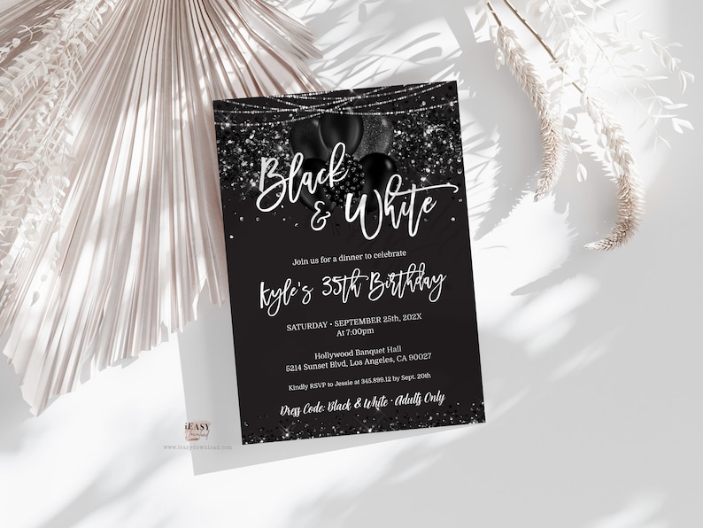 Editable Black & White Birthday Party Invitation Corjl - Etsy