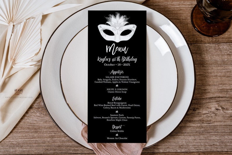 Editable White and Black Masquerade Menu Card Template White - Etsy